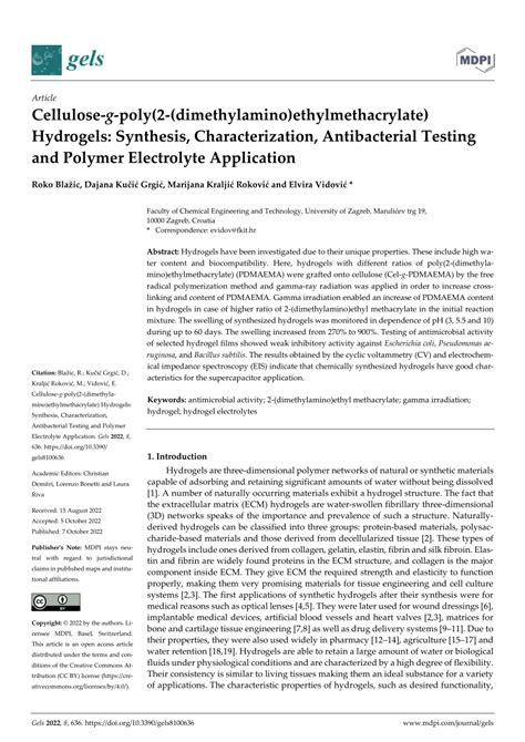 Pdf Cellulose G Poly2 Dimethylaminoethylmethacrylate Hydrogels