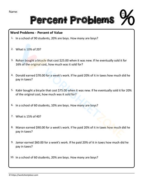 Percent Problem 9 Worksheet Zone