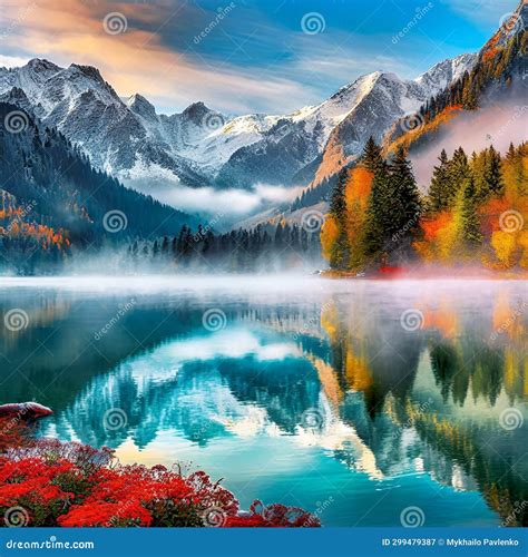 Mystical Veil Fog Clad Morning At Mountain Lake Stock Image Image Of