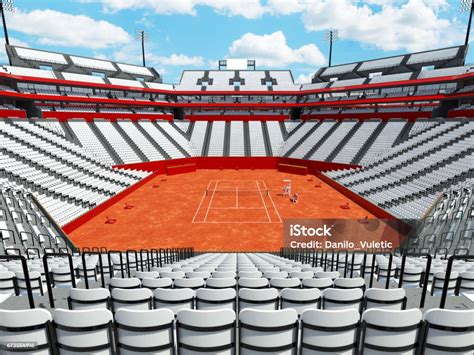 흰색의 아름 다운 현대 테니스 클레이 코트 경기장의 3d 렌더링 Sport Set에 대한 스톡 사진 및 기타 이미지 Sport Set 경쟁 계절 Istock