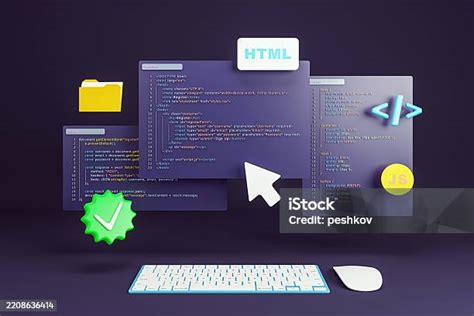 Antarmuka Kode Pemrograman Mengambang Dengan Elemen Html Css Js Dan Simbol Ui Pada Latar