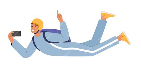 낙하산 베이스 점프 스포츠 활동 익스트림 레크리에이션 스카이다이버 캐릭터 낙하산으로 점프하는 동안 사진 촬영 프리미엄 벡터
