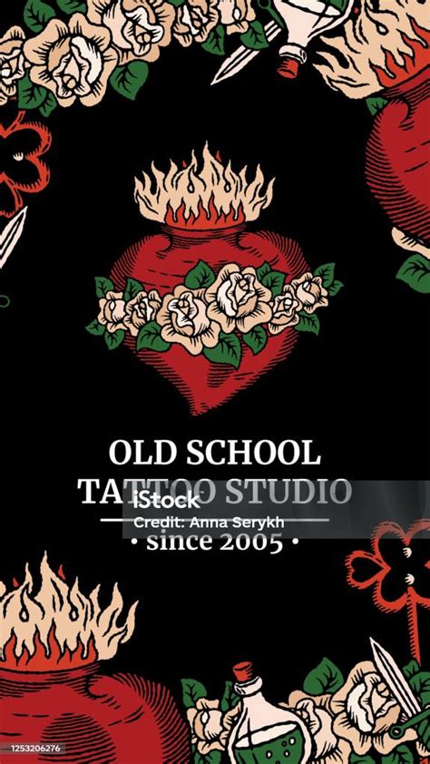 하트 꽃 병 아이콘 칼 고전적인 복고풍 스타일의 헤더와 키와 오래된 학교 문신 소셜 미디어 배너 블랙 레드 오렌지 그린 베이지