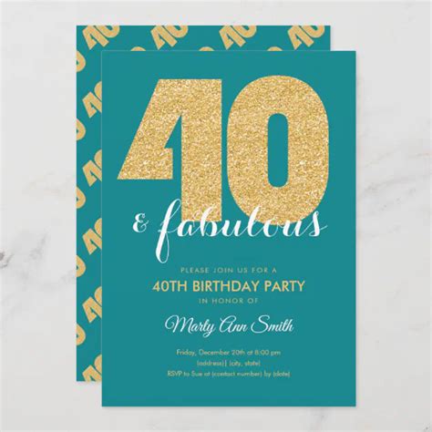 Teal Gold Glitter 40 And Fabulous Birthday Party Invitation Zazzle