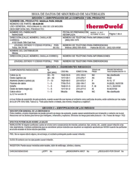 Msds Masilla Para Molde Pdf