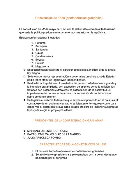 Constitución de 1858 Estaba conformada por 8 estados Panamá Antioquia Santander Cauca Studocu