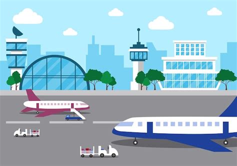 인포 그래픽 항공기 이륙 및 다른 전송 유형 요소 일러스트와 함께 공항 터미널 빌딩 프리미엄 벡터