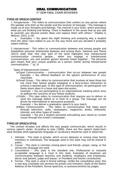 ORAL Communication Finals Reviewer ORAL COMMUNICATION 1 St SEM FINAL