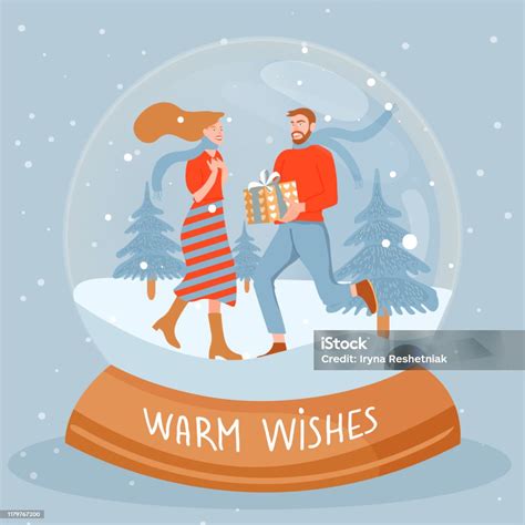 크리스마스와 새해 복 야 그림입니다 행복한 부부와 스노우 글로브 남자는 자신의 여자에게 선물 상자를 주는 스노우 글러브에 대한 스톡 벡터 아트 및 기타 이미지 Istock