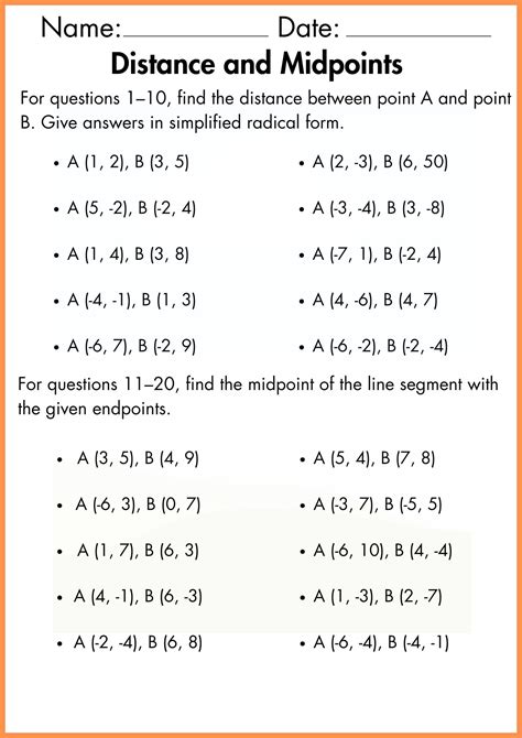 Distance And Midpoint Worksheets