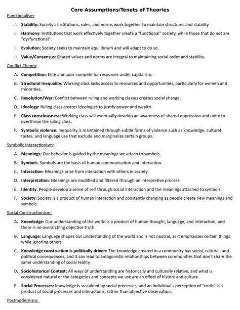 Sociological Theory Handout Core Assumptionstenets Of Theories