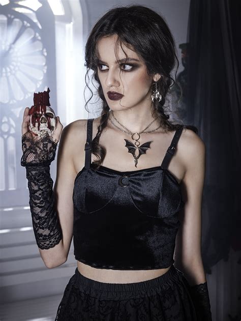 Romwe Goth Top Con Bretelle Sottile Monocolore Di Velluto