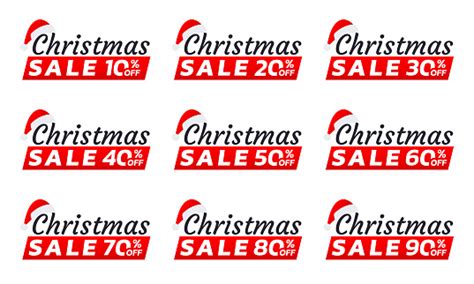 크리스마스 판매 아이콘 라벨 또는 배너 세트 산타 캡을 곁들인 Xmas 할인 프로모션 포스터 또는 카드 템플릿 10 20 30