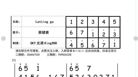 【光遇乐谱】《letting Go》蔡健雅数字简谱 哔哩哔哩