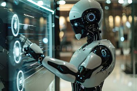A Humanoid Robot Interacts With A Touchscreen Interface Displaying Ai