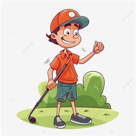免費高爾夫 貼紙剪貼畫卡通男孩穿著橙色背心和綠色襯衫打高爾夫球 白色背景矢量圖 貼紙向量圖案素材免費下載，png，eps和ai素材下載
