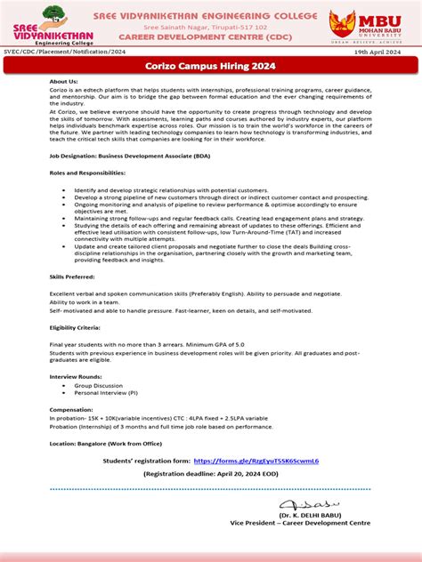 Corizo Campus Hiring 2024 Notification Pdf Educational
