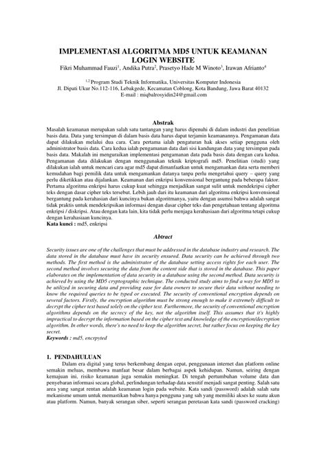 Pdf Implementasi Algoritma Md5 Untuk Keamanan Login Website
