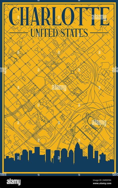 Hand Drawn City Road Network And Skyline Poster Of The Downtown