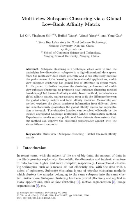 Pdf Multi View Subspace Clustering Via A Global Low Rank Affinity Matrix