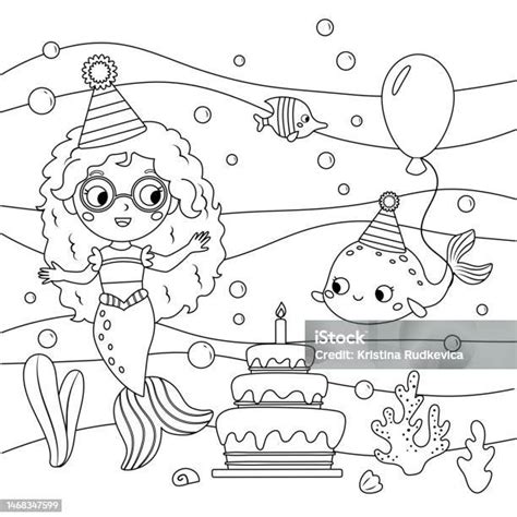 인어와 물고기가 있는 생일 색칠 공부 페이지 수중 귀여운 만화 캐릭터 동화 흑백 벡터 그림입니다 0명에 대한 스톡 벡터 아트 및 기타 이미지 Istock