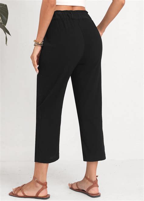 Black Button Elastic Waist High Waisted Pants Usd 2698