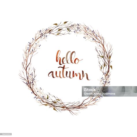아름다운 빨간색 오렌지와 노란색 가을 단풍과 열매와 수채화 화환 손 쓴 글자 안녕하세요 가을 10월에 대한 스톡 벡터 아트 및 기타 이미지 Istock