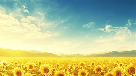 Beautiful Landscape With Sunflower Field Over Blue Sky Nature Concept