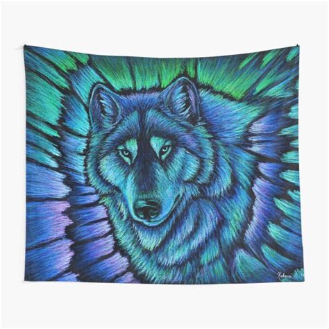 Blue Fantasy Wolf Aurora Glowing Spirit Tapestry For Sale By