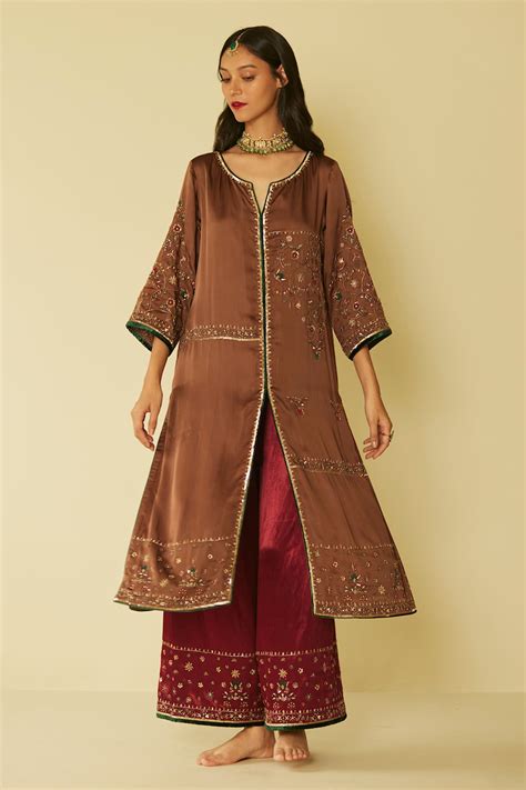 Buy Brown Kurta Satin Silk Hand Embroidered Floral Farida And Pant Set