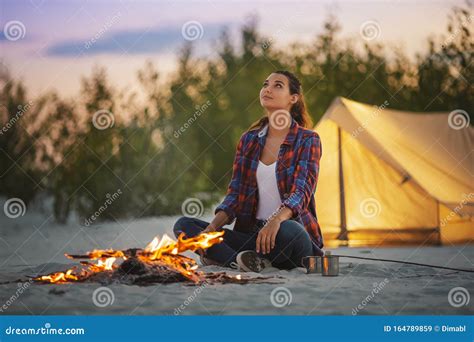 Tourist Woman In The Camp Near Campfire Stock Image Image Of Camping