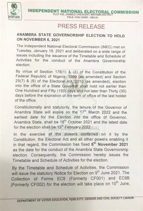 Anambra Governorship Election To Hold On November 6 2021 Politics