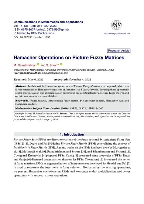 PDF Hamacher Operations On Picture Fuzzy Matrices