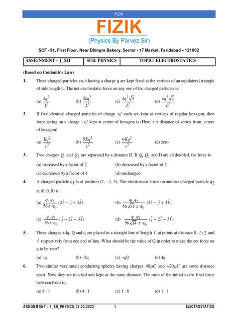 Assignment 1 Xii Physics Electrostatics 04 03 2023 Pdf Force Mass