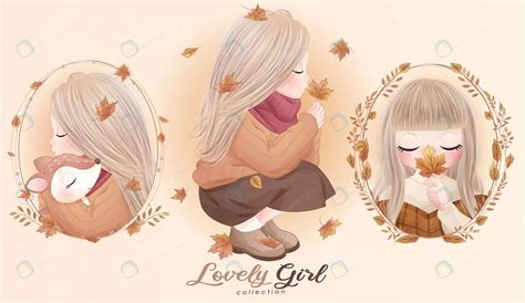 مجموعه وکتور دختر با برگ پاییزی مرجع دانلود فایل