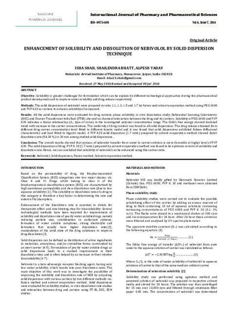 Pdf Enhancement Of Solubility And Dissolution Of Nebivolol By Solid Dispersion Technique