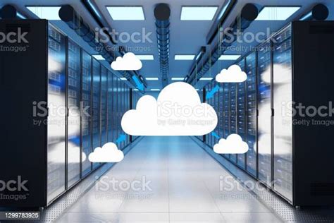 네트워크 인터넷 서버 랙의 여러 행과 대형 현대 데이터 센터에서 클라우드 스토리지 공유 로고 3d 일러스트 0명에 대한 스톡 사진 및 기타 이미지 Istock