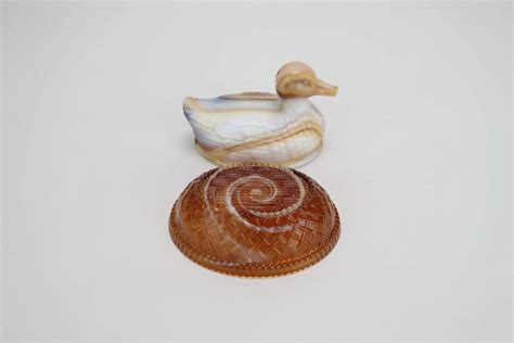 Lot 26 Imperial Caramel Slag Glass Duck And A Forest Green Hen Both On