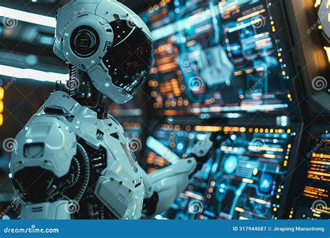 Ai Robots With Screens Displaying Real Time Data Analysis And Learning Big Data In The World