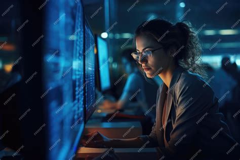 Premium Photo Female Data Scientist Works With Neural Network In Control Room