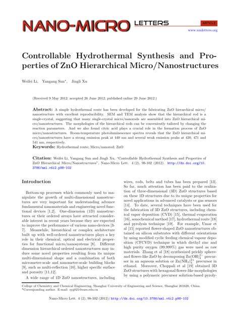 Pdf Controllable Hydrothermal Synthesis And Properties Of Zno Hierarchical Micronanostructures