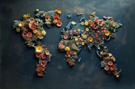 Flower Map A World Map Made Of Flowers On Dark Background Stock Image