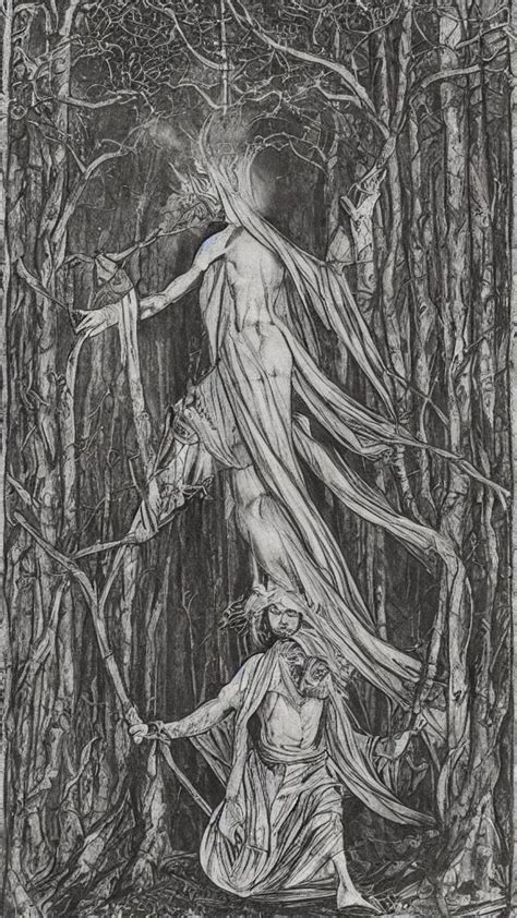 Mystical Figure In Occult Robes In A Dark Misty Forest Stable