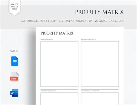 Editable Priority Matrix Printable Decision Matrix Eisenhower Matrix My