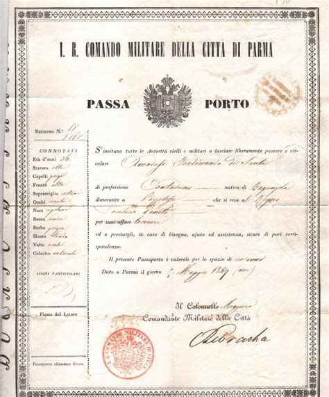 1849 Im Regio Comando Militare Della Citta Di Parma Passaporto