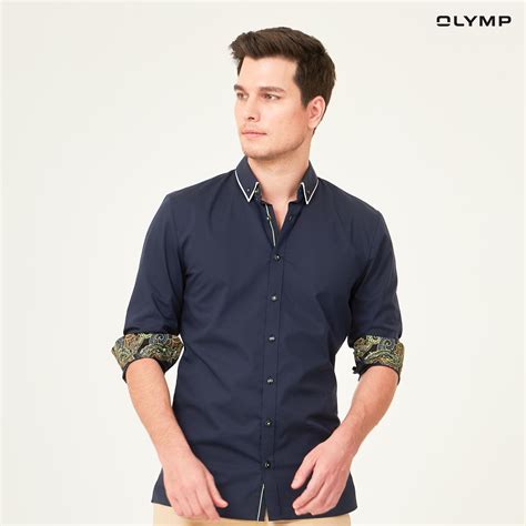 Olymp เสื้อเชิ้ตชาย แขนยาว ทรงเข้ารูป รีดง่าย ปกซ้อนสีขาว สีน้ำเงินเข้ม