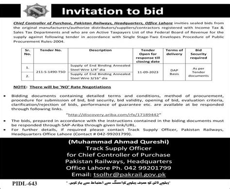Tender For Procurement Of Items At Pakistan Railways 2025