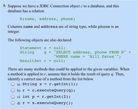 solved 5 suppose we have a jdbc connection object c to a