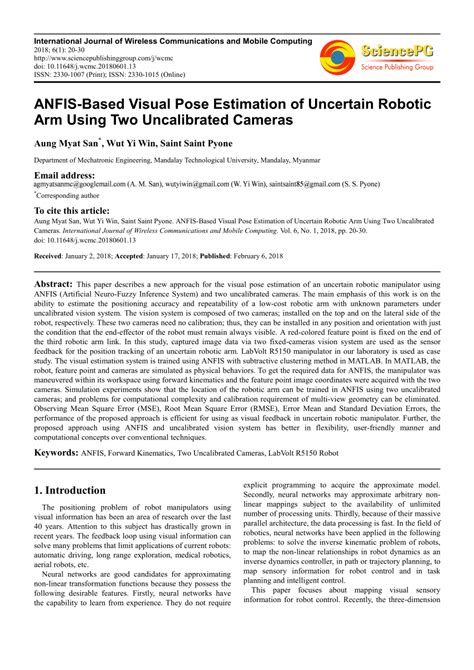 Pdf Anfis Based Visual Pose Estimation Of Uncertain Robotic Arm Using Two Uncalibrated Cameras