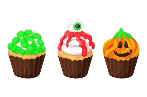Premium Vector Set Cupcake Halloween Monster Dessert With Scary Face